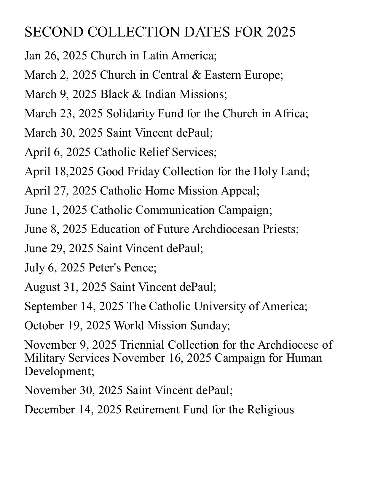 Second Collection List for 2025